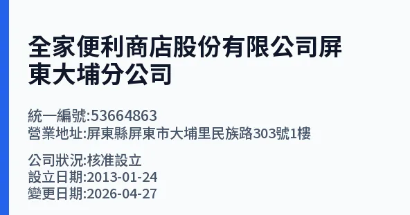 全家便利商店股份有限公司屏東大埔分公司的照片-統編 53664863(屏東縣) 公司登記資料與營業項目詳細圖表