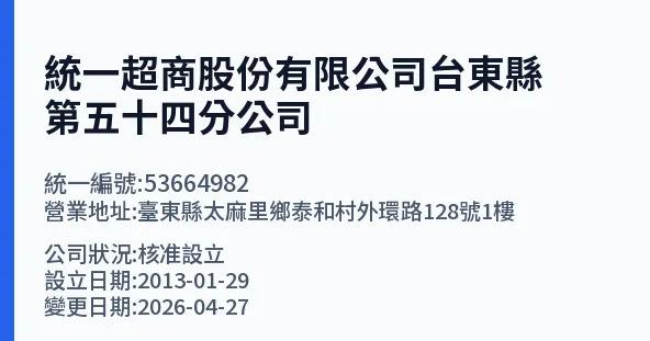 統一超商股份有限公司台東縣第五十四分公司的照片-統編 53664982(臺東縣) 公司登記資料與營業項目詳細圖表