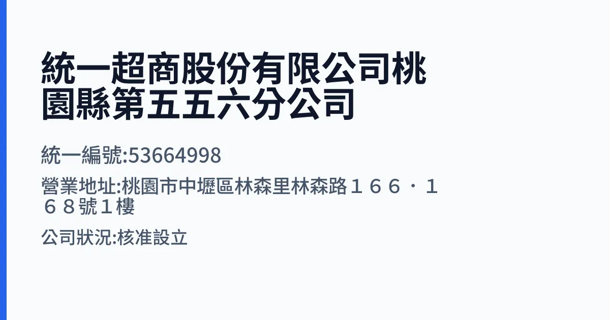 統一超商股份有限公司桃園縣第五五六分公司 - 統編 53664998(桃園市) 公司登記資料與營業項目詳細圖表