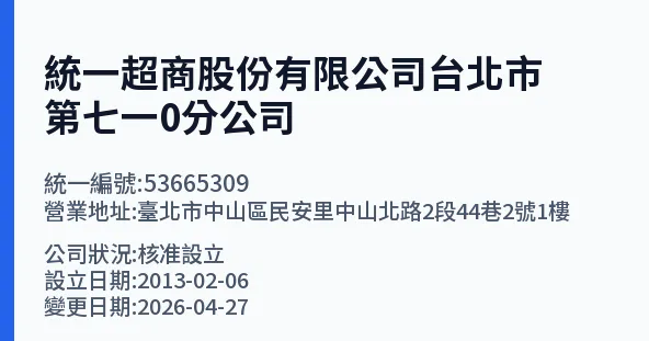 統一超商股份有限公司台北市第七一0分公司的照片-統編 53665309(臺北市) 公司登記資料與營業項目詳細圖表