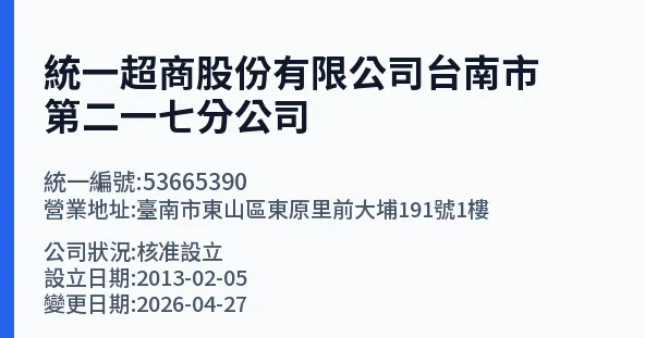 統一超商股份有限公司台南市第二一七分公司的照片-統編 53665390(臺南市) 公司登記資料與營業項目詳細圖表