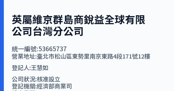 英屬維京群島商銳益全球有限公司台灣分公司的照片-統編 53665737(臺北市) 公司登記資料與營業項目詳細圖表