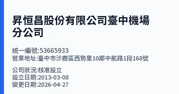 昇恒昌股份有限公司臺中機場分公司的照片-統編 53665933(臺中市) 公司登記資料與營業項目詳細圖表