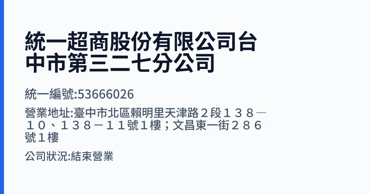 統一超商股份有限公司台中市第三二七分公司 - 統編 53666026(臺中市) 公司登記資料與營業項目詳細圖表