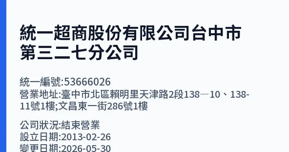 統一超商股份有限公司台中市第三二七分公司的照片-統編 53666026(臺中市) 公司登記資料與營業項目詳細圖表