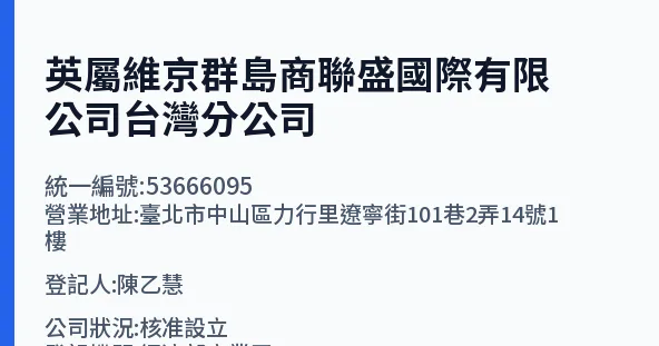 英屬維京群島商聯盛國際有限公司台灣分公司的照片-統編 53666095(臺北市) 公司登記資料與營業項目詳細圖表