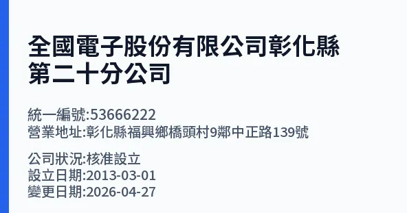 全國電子股份有限公司彰化縣第二十分公司的照片-統編 53666222(彰化縣) 公司登記資料與營業項目詳細圖表
