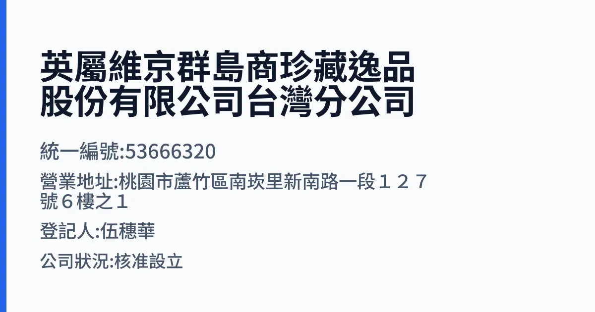 英屬維京群島商珍藏逸品股份有限公司台灣分公司 - 統編 53666320(桃園市) 公司登記資料與營業項目詳細圖表
