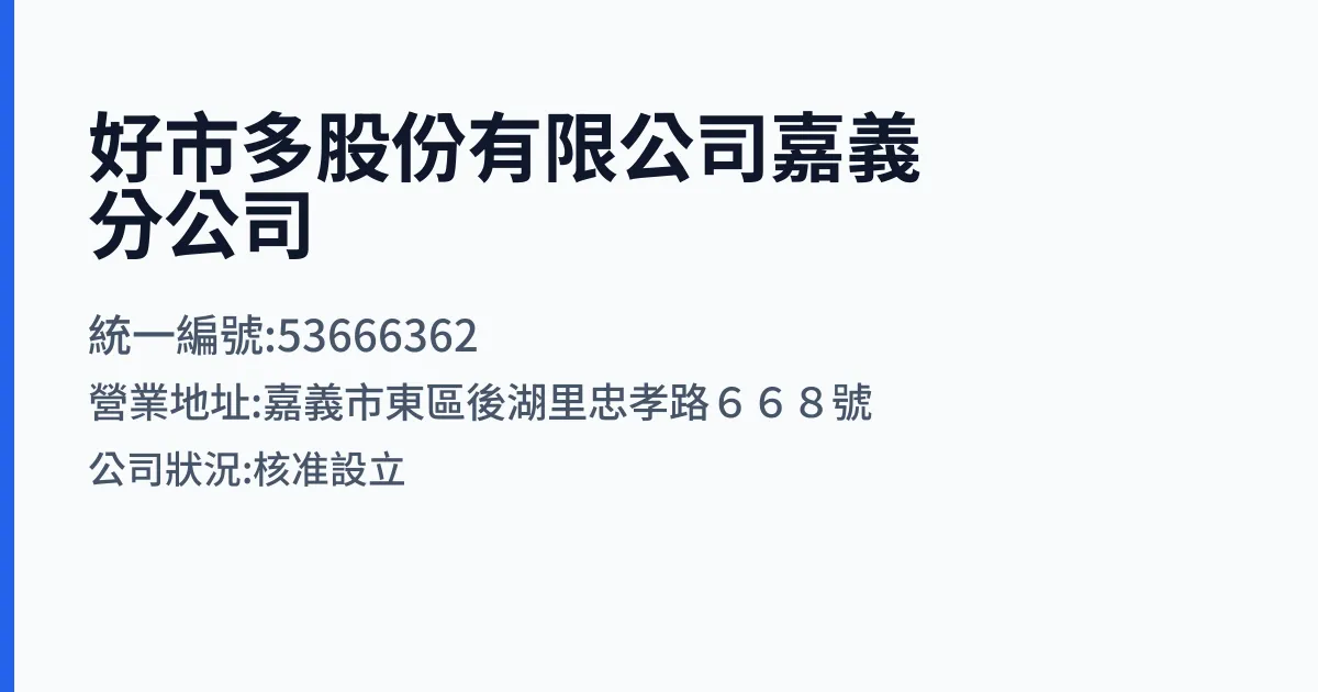 好市多股份有限公司嘉義分公司 - 統編 53666362(嘉義市) 公司登記資料與營業項目詳細圖表