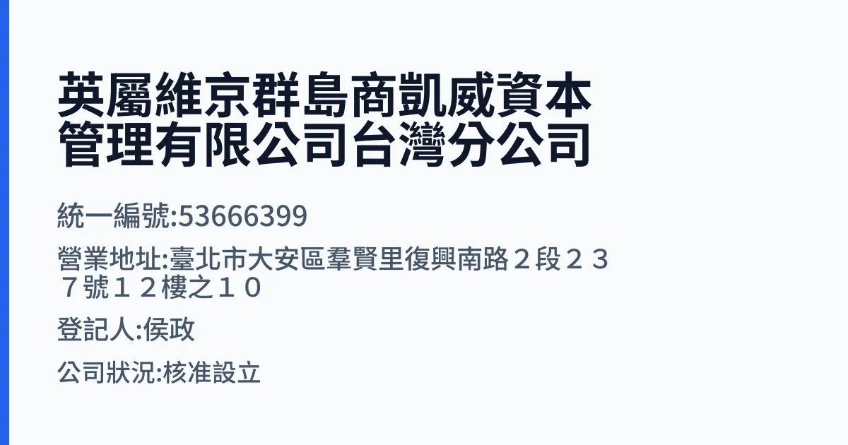 英屬維京群島商凱威資本管理有限公司台灣分公司 - 統編 53666399(臺北市) 公司登記資料與營業項目詳細圖表