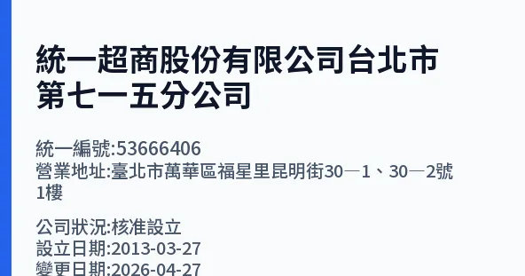 統一超商股份有限公司台北市第七一五分公司的照片-統編 53666406(臺北市) 公司登記資料與營業項目詳細圖表