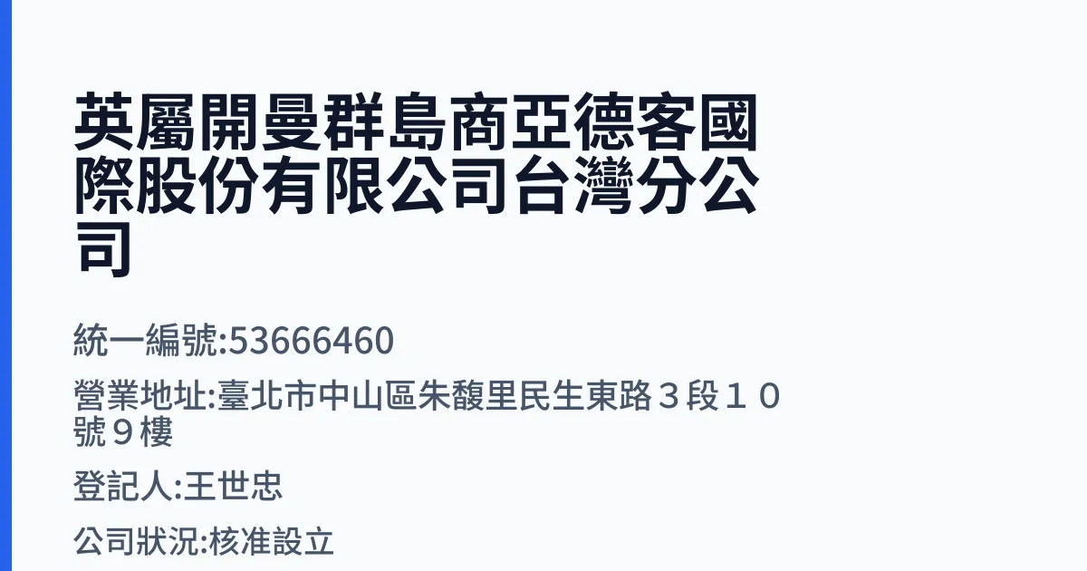 英屬開曼群島商亞德客國際股份有限公司台灣分公司 - 統編 53666460(臺北市) 公司登記資料與營業項目詳細圖表