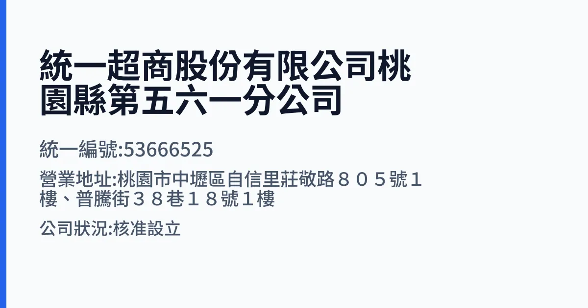 統一超商股份有限公司桃園縣第五六一分公司 - 統編 53666525(桃園市) 公司登記資料與營業項目詳細圖表