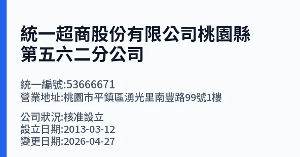 統一超商股份有限公司桃園縣第五六二分公司的照片-統編 53666671(桃園市) 公司登記資料與營業項目詳細圖表
