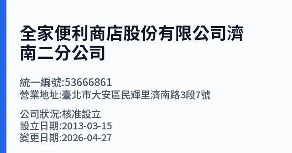 全家便利商店股份有限公司濟南二分公司的照片-統編 53666861(臺北市) 公司登記資料與營業項目詳細圖表