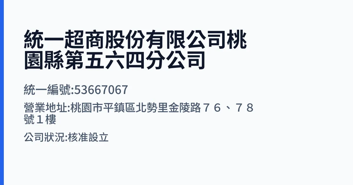 統一超商股份有限公司桃園縣第五六四分公司 - 統編 53667067(桃園市) 公司登記資料與營業項目詳細圖表