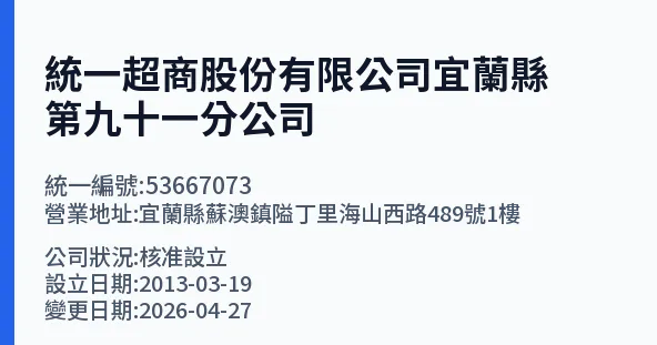 統一超商股份有限公司宜蘭縣第九十一分公司的照片-統編 53667073(宜蘭縣) 公司登記資料與營業項目詳細圖表