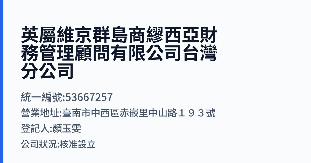 英屬維京群島商繆西亞財務管理顧問有限公司台灣分公司 - 統編 53667257(臺南市) 公司登記資料與營業項目詳細圖表
