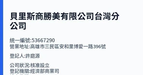 貝里斯商勝美有限公司台灣分公司的照片-統編 53667290(高雄市) 公司登記資料與營業項目詳細圖表