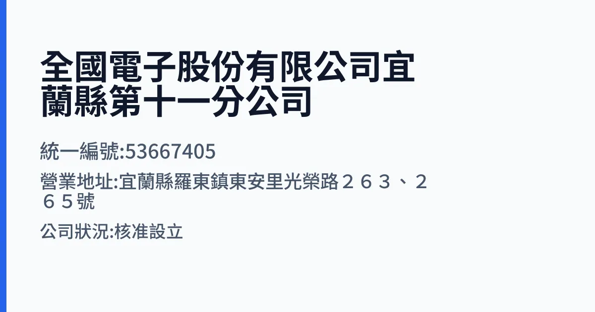 全國電子股份有限公司宜蘭縣第十一分公司 - 統編 53667405(宜蘭縣) 公司登記資料與營業項目詳細圖表