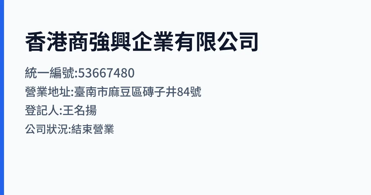 香港商強興企業有限公司 - 統編 53667480(臺南市) 公司登記資料與營業項目詳細圖表