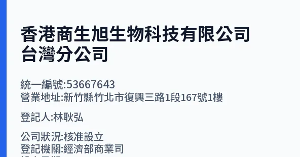 香港商生旭生物科技有限公司台灣分公司的照片-統編 53667643(新竹縣) 公司登記資料與營業項目詳細圖表