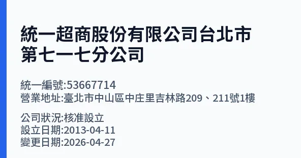 統一超商股份有限公司台北市第七一七分公司的照片-統編 53667714(臺北市) 公司登記資料與營業項目詳細圖表