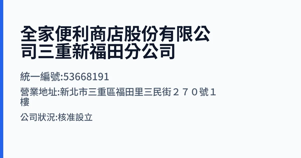 全家便利商店股份有限公司三重新福田分公司 - 統編 53668191(新北市) 公司登記資料與營業項目詳細圖表