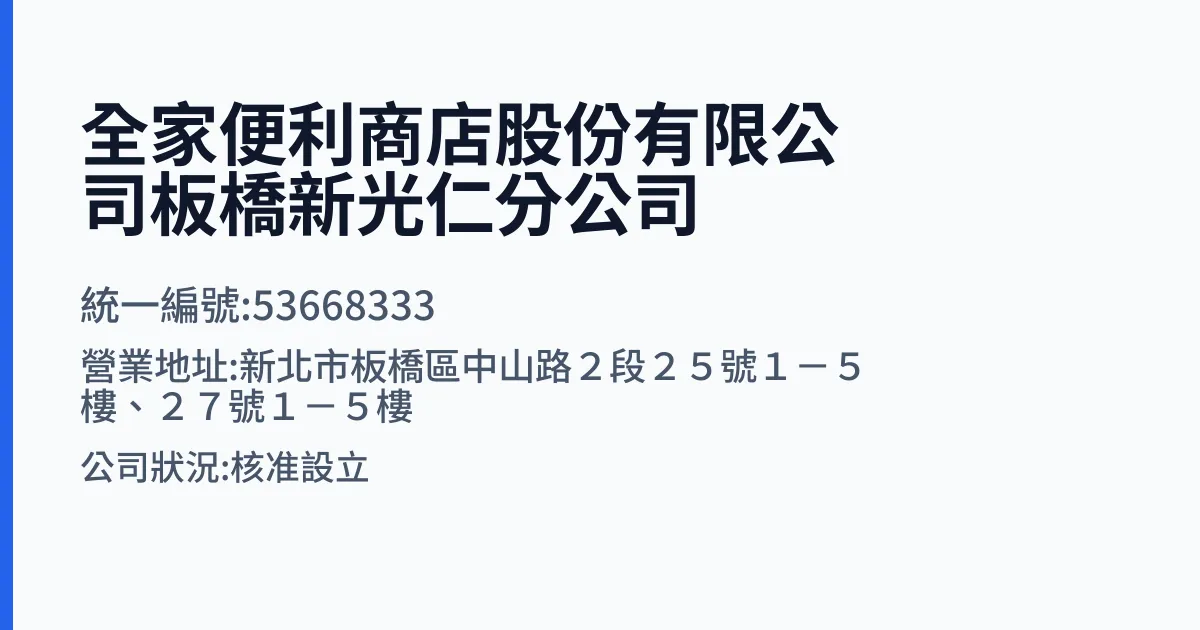全家便利商店股份有限公司板橋新光仁分公司 - 統編 53668333(新北市) 公司登記資料與營業項目詳細圖表