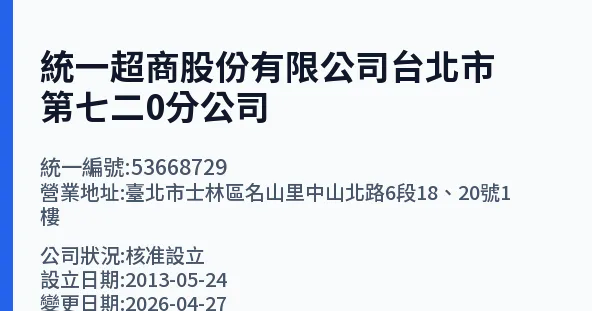 統一超商股份有限公司台北市第七二0分公司的照片-統編 53668729(臺北市) 公司登記資料與營業項目詳細圖表