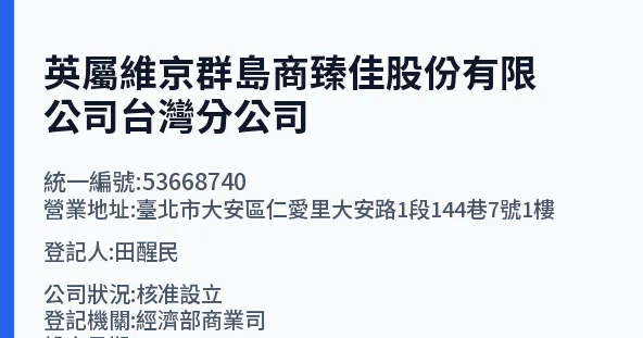 英屬維京群島商臻佳股份有限公司台灣分公司的照片-統編 53668740(臺北市) 公司登記資料與營業項目詳細圖表