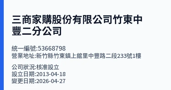 三商家購股份有限公司竹東中豐二分公司的照片-統編 53668798(新竹縣) 公司登記資料與營業項目詳細圖表