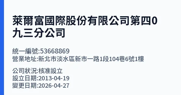 萊爾富國際股份有限公司第四0九三分公司的照片-統編 53668869(新北市) 公司登記資料與營業項目詳細圖表