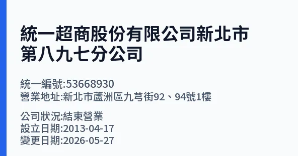 統一超商股份有限公司新北市第八九七分公司的照片-統編 53668930(新北市) 公司登記資料與營業項目詳細圖表