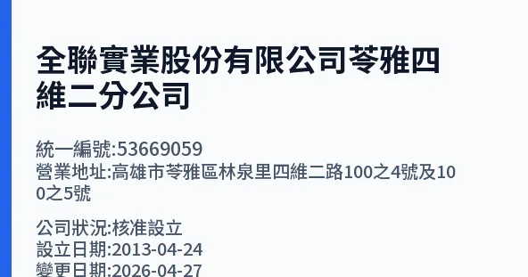 全聯實業股份有限公司苓雅四維二分公司的照片-統編 53669059(高雄市) 公司登記資料與營業項目詳細圖表