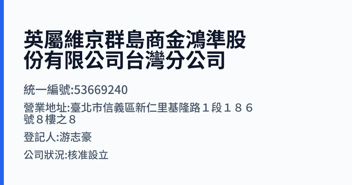英屬維京群島商金鴻準股份有限公司台灣分公司 - 統編 53669240(臺北市) 公司登記資料與營業項目詳細圖表
