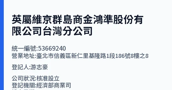 英屬維京群島商金鴻準股份有限公司台灣分公司的照片-統編 53669240(臺北市) 公司登記資料與營業項目詳細圖表