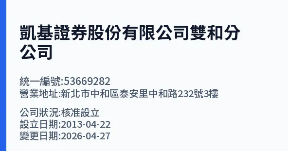 凱基證券股份有限公司雙和分公司的照片-統編 53669282(新北市) 公司登記資料與營業項目詳細圖表