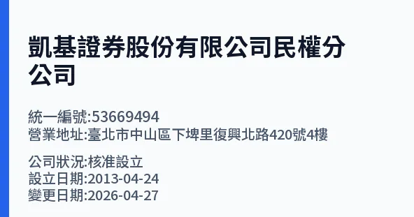 凱基證券股份有限公司民權分公司的照片-統編 53669494(臺北市) 公司登記資料與營業項目詳細圖表