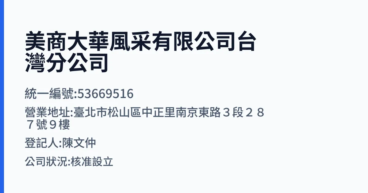 美商大華風采有限公司台灣分公司 - 統編 53669516(臺北市) 公司登記資料與營業項目詳細圖表