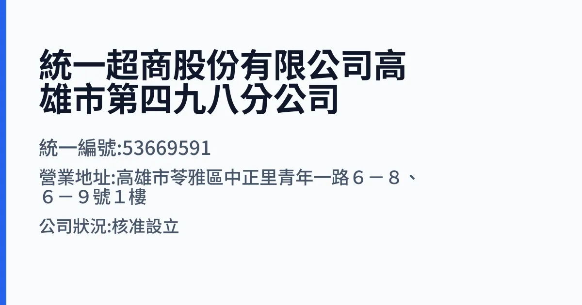 統一超商股份有限公司高雄市第四九八分公司 - 統編 53669591(高雄市) 公司登記資料與營業項目詳細圖表
