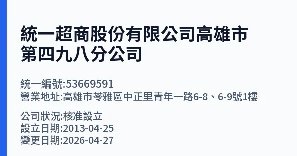 統一超商股份有限公司高雄市第四九八分公司的照片-統編 53669591(高雄市) 公司登記資料與營業項目詳細圖表