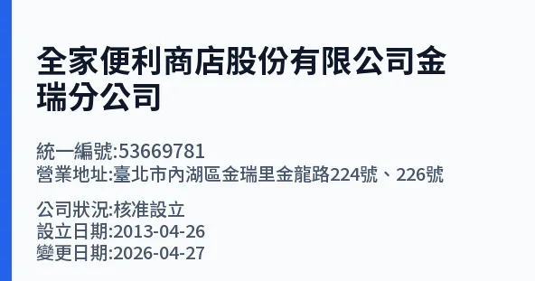 全家便利商店股份有限公司金瑞分公司的照片-統編 53669781(臺北市) 公司登記資料與營業項目詳細圖表