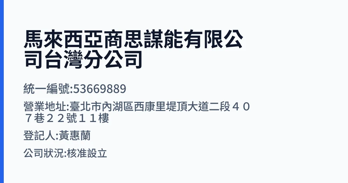 馬來西亞商思謀能有限公司台灣分公司 - 統編 53669889(臺北市) 公司登記資料與營業項目詳細圖表