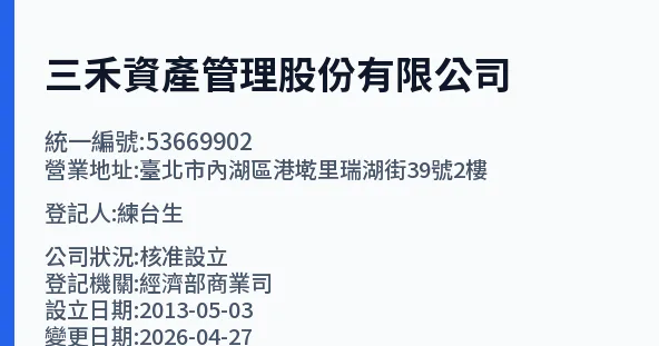 三禾資產管理股份有限公司的照片-統編 53669902(臺北市) 公司登記資料與營業項目詳細圖表