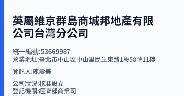 英屬維京群島商城邦地產有限公司台灣分公司的照片-統編 53669987(臺北市) 公司登記資料與營業項目詳細圖表