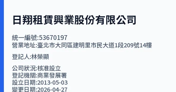 日翔租賃興業股份有限公司的照片-統編 53670197(臺北市) 公司登記資料與營業項目詳細圖表