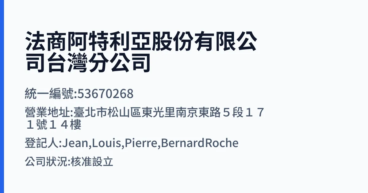 法商阿特利亞股份有限公司台灣分公司 - 統編 53670268(臺北市) 公司登記資料與營業項目詳細圖表