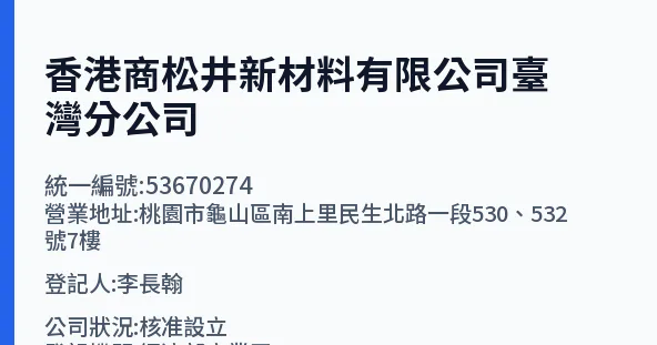 香港商松井新材料有限公司臺灣分公司的照片-統編 53670274(桃園市) 公司登記資料與營業項目詳細圖表
