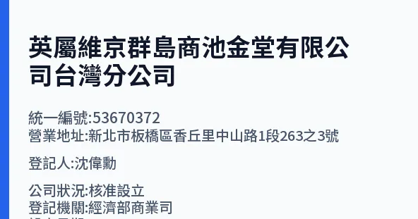 英屬維京群島商池金堂有限公司台灣分公司的照片-統編 53670372(新北市) 公司登記資料與營業項目詳細圖表
